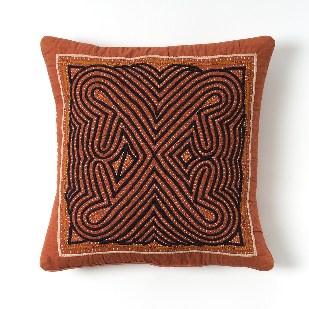 Kala Rama -Hand Appliqued Cushion with Embroidery - Terracotta and Bla ...