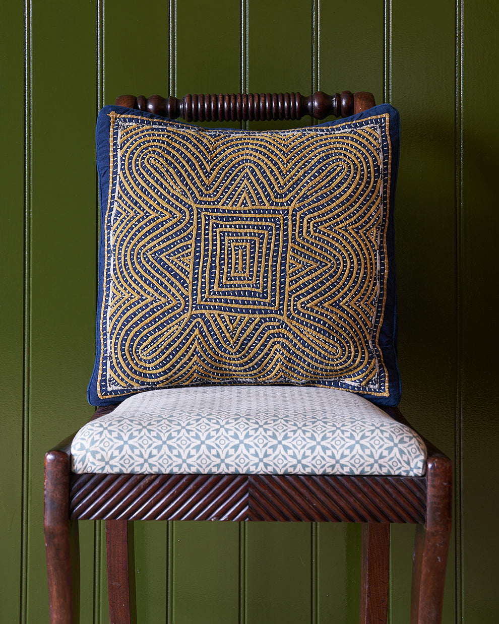 Kala Rama -Hand Appliqued Cushion with Embroidery - Blue and Yellow ...